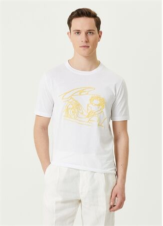 Lardini Erkek Beyaz Bisiklet Yaka Nakışlı T-shirt L EU