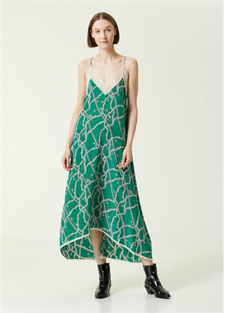 Zadig&Voltaire Kadın Yeşil V Yaka Desenli Midi İpek Elbise XS EU