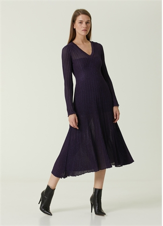 Beymen Club Kadın Mor V Yaka Simli Midi Evaze Triko Elbise XS
