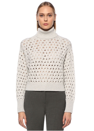 Brunello Cucinelli Kadın Gri Balıkçı Yaka Ajur Detaylı Payetli Kaşmir Kazak L EU