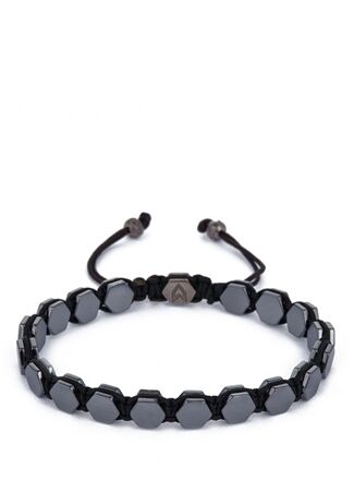 AtolyeWolf Erkek Sekizgen Hematit Shamballa Gümüş Rengi Bileklik Siyah EU