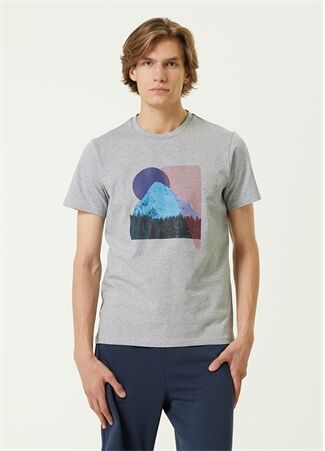 Beymen Club Erkek Gri Melanj Dağ Baskılı Basic T-shirt XS