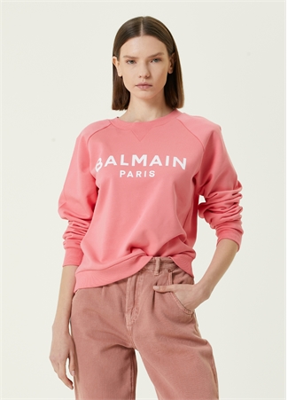 Balmain Kadın Pembe Bisiklet Yaka Logolu Sweatshirt S EU