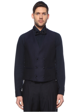 Cerimonia Erkek Lacivert V Yaka Desenli Kruvaze Yelek 54 IT