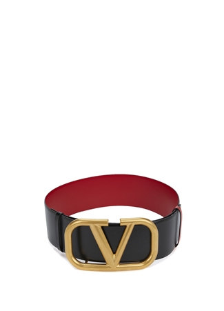 Valentino Garavani Kadın Siyah Logo Tokalı Deri Kemer Kırmızı 80 EU