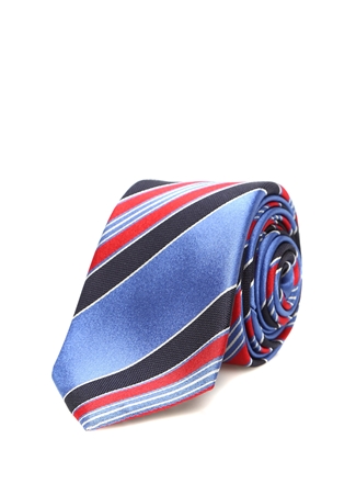 Pal Zileri Erkek Lacivert Kırmızı Verev Çizgili İpek Kravat Mavi EU