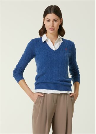 Polo Ralph Lauren Kadın Mavi V Yaka Saç Örgü Yün Kazak S EU Polo Ralph Lauren Kadın Mavi V Yaka Saç Örgü Yün Kazak S EU