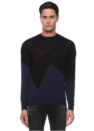 Neil Barrett Erkek Siyah Lacivert Geometrik Desen Jakarlı Yün Kazak S EU