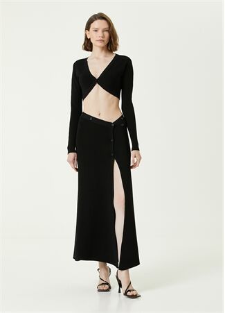 Aya Muse Kadın Siyah Düğme Detaylı Midi Etek XS EU