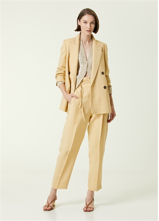 Brunello Cucinelli Kadın Sarı Yüksek Bel Kuşaklı Twill Pantolon 38 IT