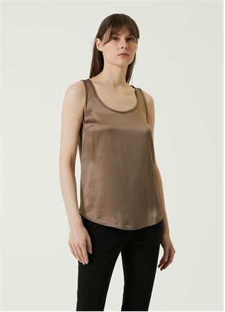 Brunello Cucinelli Kadın Kahverengi U Yaka Taş İşlemeli İpek Bluz S EU