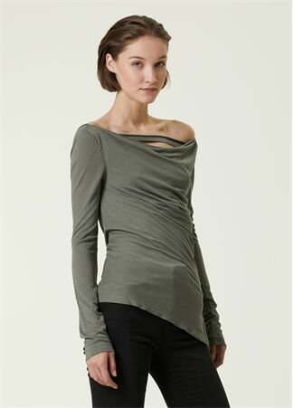 Helmut Lang Kadın Haki Düşük Omuzlu Büzgülü Bluz XS EU