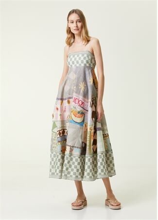 Alemais Kadın İnce Askılı Desenli Midi Keten Elbise 6 US Alemais Kadın İnce Askılı Desenli Midi Keten Elbise 6 US