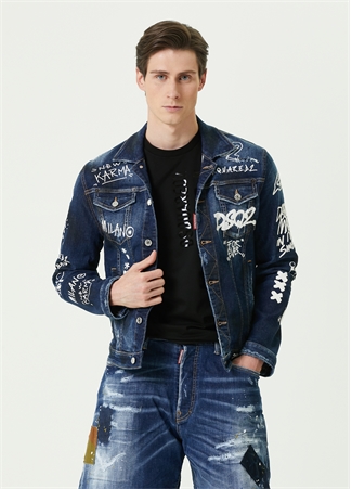 Dsquared2 Erkek Lacivert Logo Desenli Denim Ceket 50 It Dsquared2 Erkek Lacivert Logo Desenli Denim Ceket 50 It