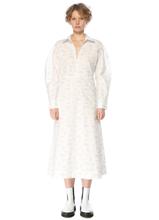 Ganni Kadın Beyaz Kedi Baskılı Midi Poplin Gömlek Elbise 38 FR