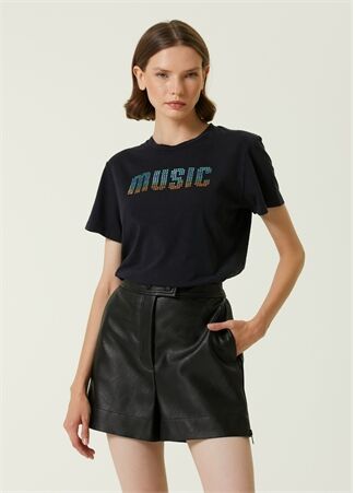 Maje Kadın Siyah Bisiklet Yaka Baskılı T-shirt US