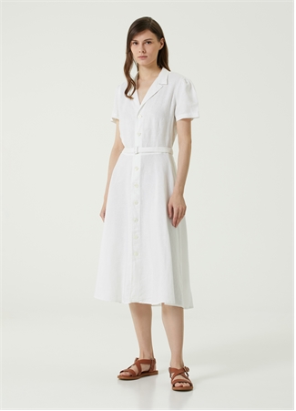 Polo Ralph Lauren Kadın Beyaz Kemerli Midi Keten Elbise 6 US