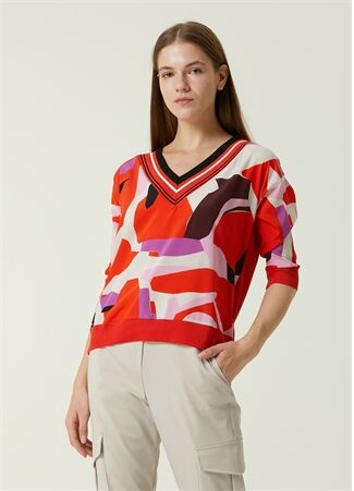 Beymen Club Kadın Mercan V Yaka Desenli İpek Garnili Kazak Kırmızı S