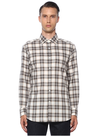 Zegna Erkek Gri Sarı Modern Yaka Ekose Desenli Gömlek L EU