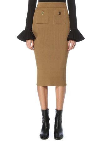 Balmain Kadın Bej Yüksek Bel Ribli Midi Kalem Etek 36 FR