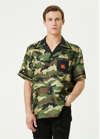 Dolce&Gabbana Erkek Haki Kamuflaj Desenli İpek Gömlek 38 IT
