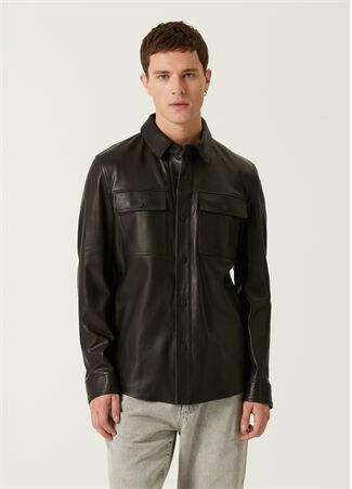 Academia Erkek Siyah Polo Yaka Deri Gömlek 46 IT