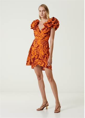 Johanna Ortiz Kadın Turuncu Çiçekli Omzu Volanlı Mini Elbise 6 US