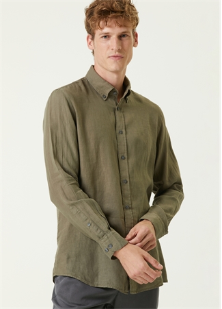 Beymen Collection Erkek Comfort Fit Haki Düğmeli Yaka Keten Gömlek S EU