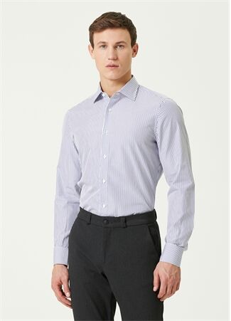 Isaia Erkek Lacivert Beyaz Çizgi Desenli Gömlek 42 IT