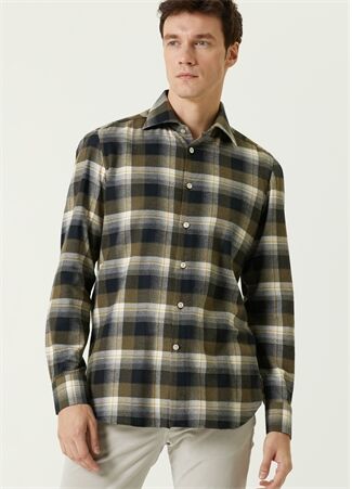 Kiton Erkek Haki Ekose Desenli Gömlek L EU