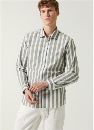 Beymen Collection Erkek Custom Fit Haki Modern Yaka Çizgili Gömlek 38 IT Beymen Collection Erkek Custom Fit Haki Modern Yaka Çizgili Gömlek 38 IT