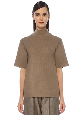 Brunello Cucinelli Kadın Vizon Dik Yaka Yarım Kol Kaşmir Triko Bej S EU