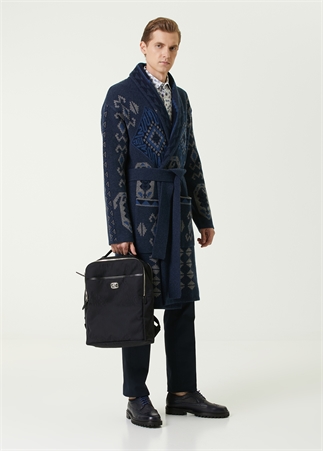 Etro Erkek Mavi Şal Yaka Jakarlı Yün Hırka XL EU