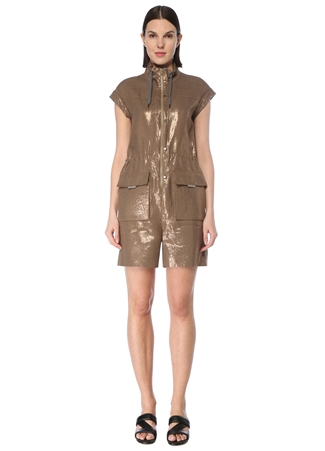 Brunello Cucinelli Kadın Bronz Dik Yaka Kısa Kol Mini Keten Tulum Kahverengi XS EU