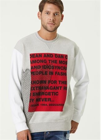 Dsquared2 Erkek Gri Kırmızı Slogan Baskılı Sweatshirt M EU