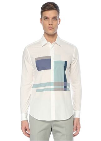 Pal Zileri Erkek Beyaz Mavi Geometrik Baskılı Gömlek 42 IT