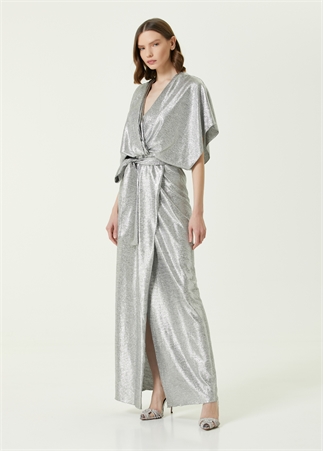 In the Mood for Love Kadın Madalya Silver Beli Kuşaklı Maksi Abiye Elbise Gri M EU