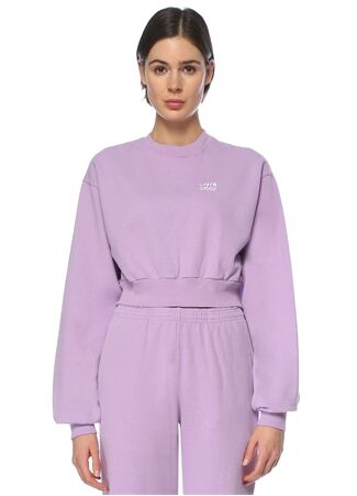 Livincool Kadın Lila Bisiklet Yaka Crop Sweatshirt Mor XS EU