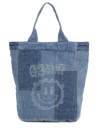 Ganni Kadın Smiley Mavi Denim Alışveriş Çantası EU Ganni Kadın Smiley Mavi Denim Alışveriş Çantası EU