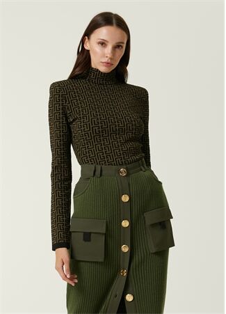 Balmain Kadın Haki Logo Jakarlı Yün Triko 36 FR