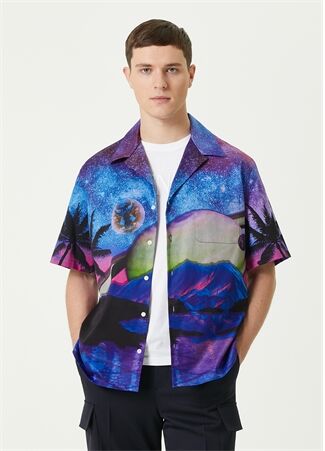 Valentino Erkek Mavi Gezegen Desenli Gömlek 46 IT