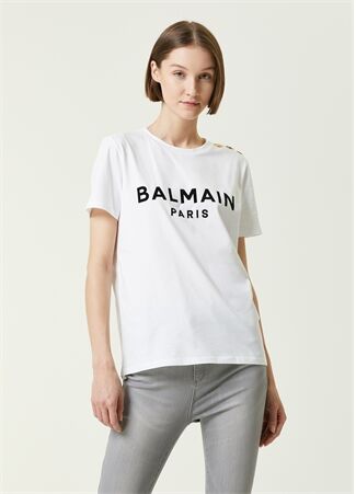 Balmain Kadın Beyaz Bisiklet Yaka Logolu T-shirt L EU