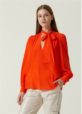 Beymen Club Kadın Mercan Fularlı V Yaka İpek Bluz Kırmızı S Beymen Club Kadın Mercan Fularlı V Yaka İpek Bluz Kırmızı S