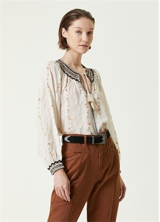 Maksu Kadın Fleur Ekru Yakası Bağcıklı Nakışlı Bluz Bej S EU