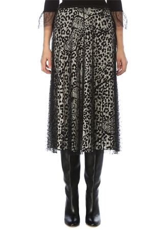 Red Valentino Kadın Siyah Beyaz Leopar Desenli Tül Garnili Midi Etek 42 IT