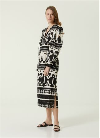 Johanna Ortiz Kadın Siyah Beyaz Desenli Organik Pamuk Elbise 6 US