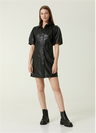Beymen Club Kadın Siyah Balon Kol Mini Deri Gömlek Elbise XS