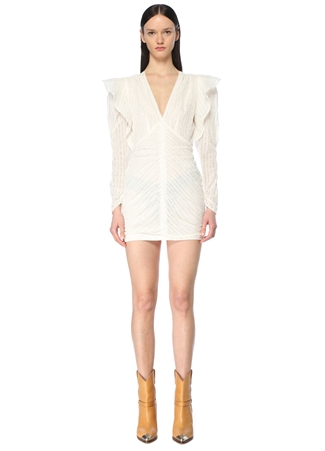 Isabel Marant Kadın Beyaz V Yaka Volanlı Mini Elbise 38 FR