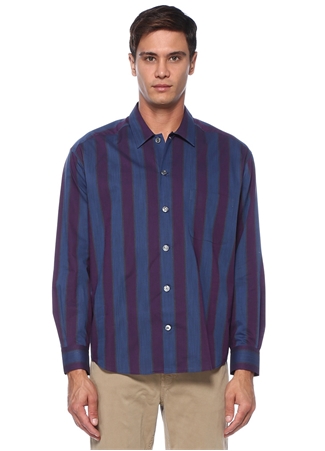 Pal Zileri Erkek Lacivert İngiliz Yaka Çizgili Gömlek Bordo 42 IT