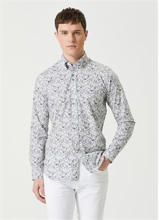 Canali Erkek Ekru Mavi Çiçek Desenli Gömlek Bej M EU
